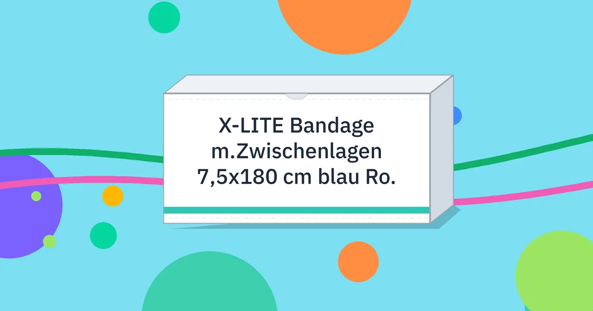 Symbolbild: Packung mit der Aufschrift X-LITE Bandage m.Zwischenlagen 7,5x180 cm blau Ro. (PZN 02466949) – Verfügbarkeit und Bezug in Apotheken in Frankfurt am Main
