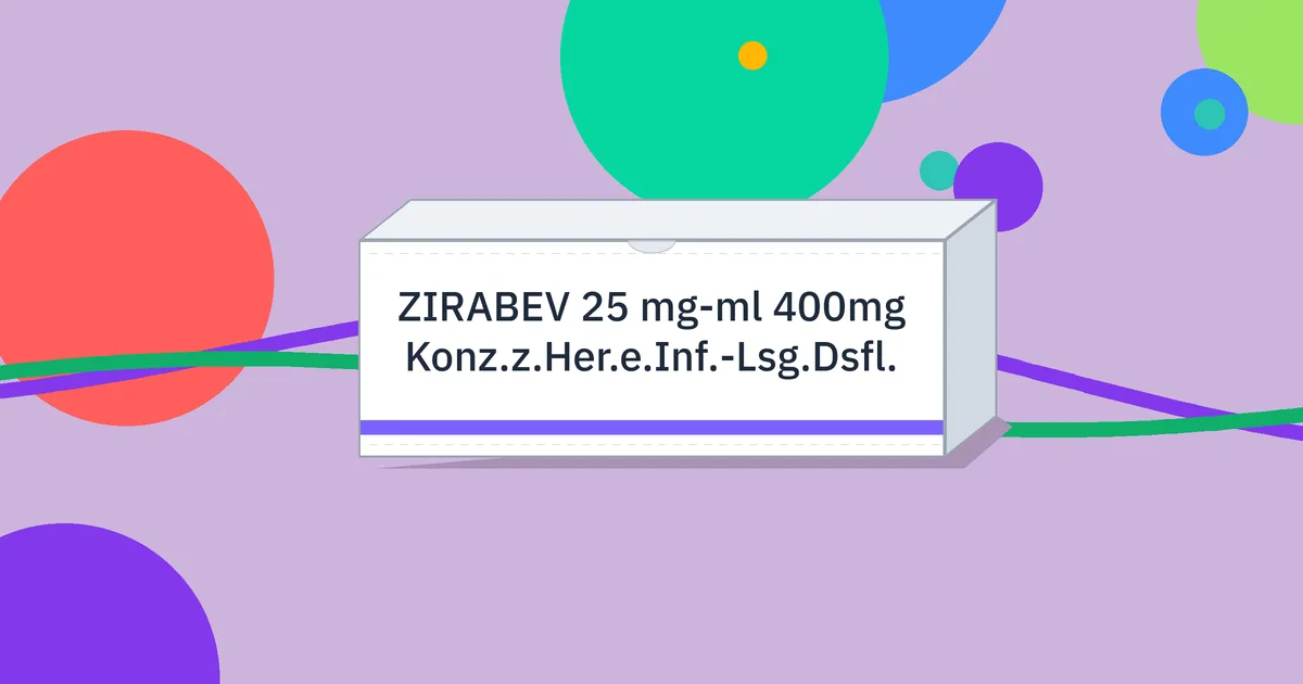 Symbolbild: Packung mit der Aufschrift ZIRABEV 25 mg-ml 400mg Konz.z.Her.e.Inf.-Lsg.Dsfl. (PZN 16818895) – Verfügbarkeit und Bezug in Apotheken in Frankfurt am Main