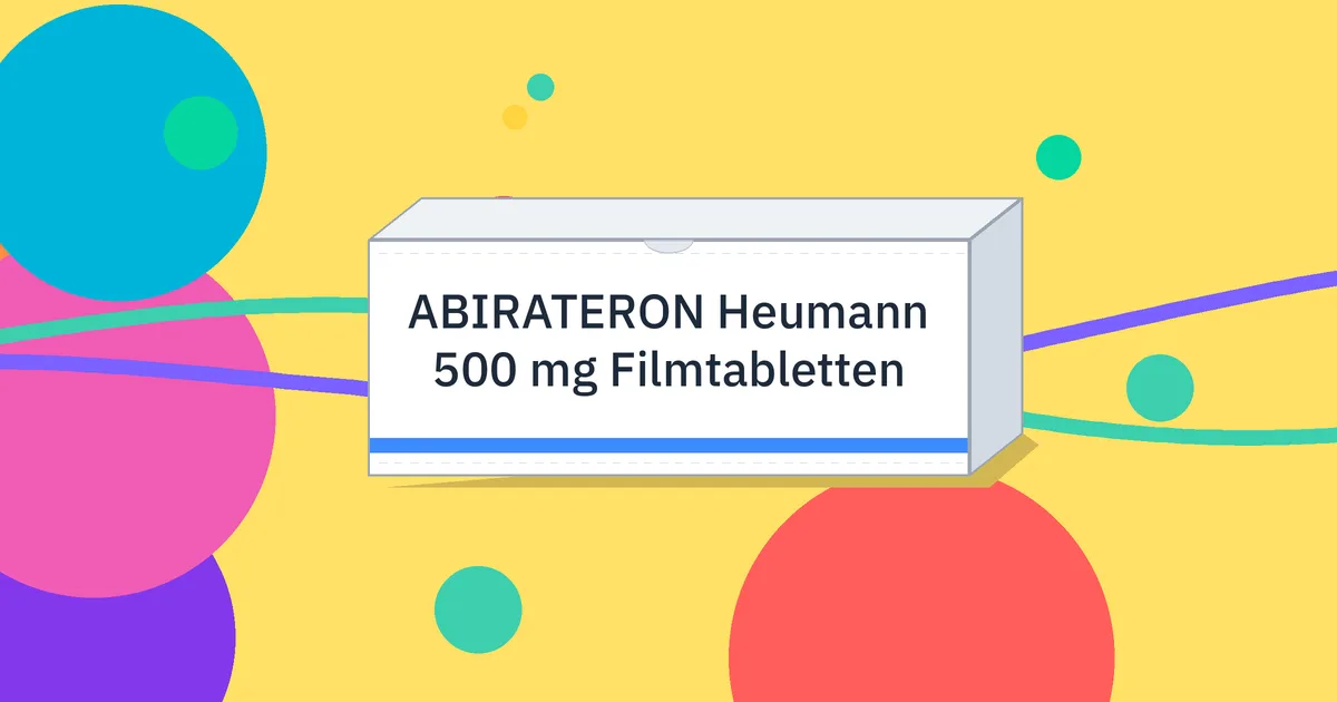 Symbolbild: Packung mit der Aufschrift ABIRATERON Heumann 500 mg Filmtabletten (PZN 17367472) – Verfügbarkeit und Bezug in Apotheken in Frankfurt am Main