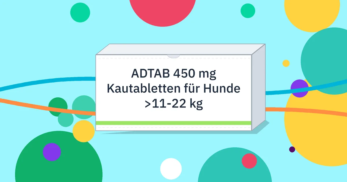 Symbolbild: Packung mit der Aufschrift ADTAB 450 mg Kautabletten für Hunde >11-22 kg (PZN 18752686) – Verfügbarkeit und Bezug in Apotheken in Frankfurt am Main