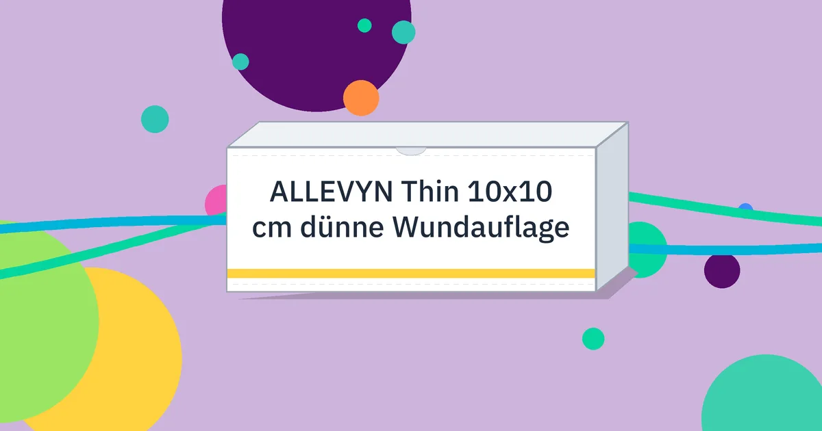 Symbolbild: Packung mit der Aufschrift ALLEVYN Thin 10x10 cm dünne Wundauflage (PZN 04595869) – Verfügbarkeit und Bezug in Apotheken in Frankfurt am Main