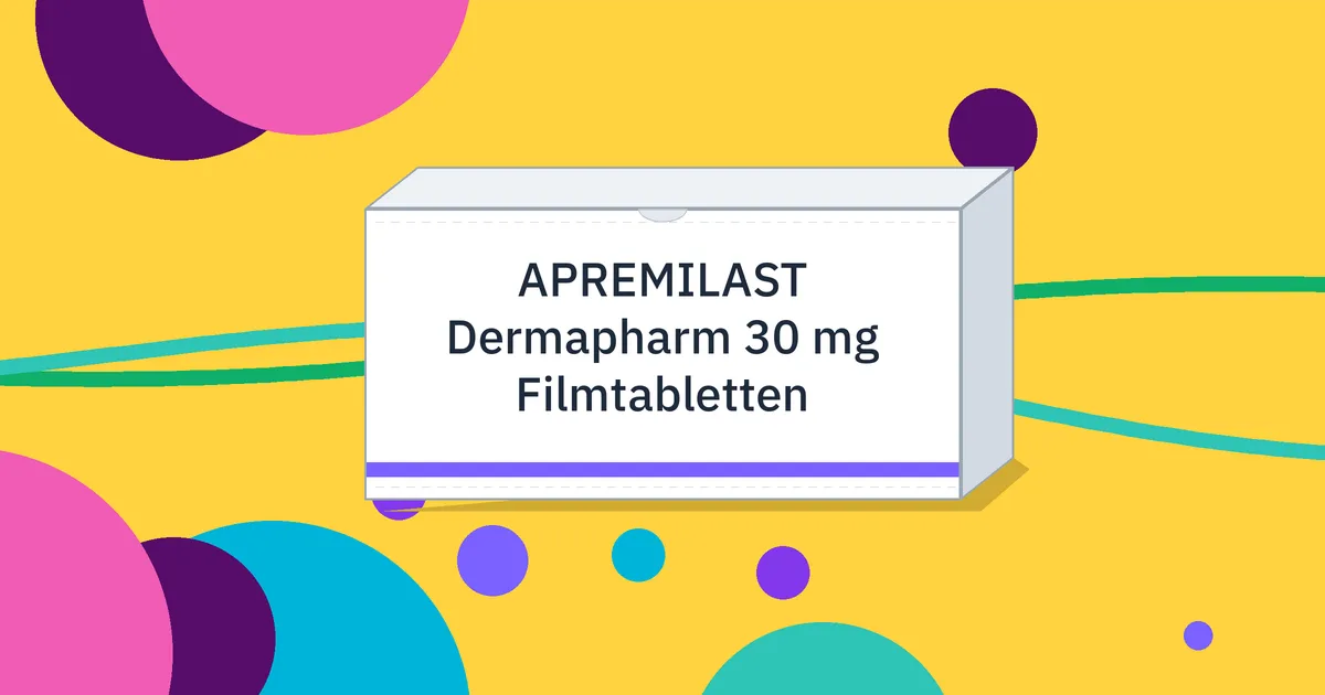 Symbolbild: Packung mit der Aufschrift APREMILAST Dermapharm 30 mg Filmtabletten (PZN 20044181) – Verfügbarkeit und Bezug in Apotheken in Frankfurt am Main