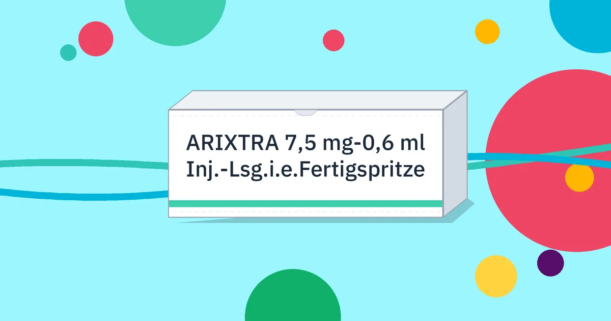 Symbolbild: Packung mit der Aufschrift ARIXTRA 7,5 mg-0,6 ml Inj.-Lsg.i.e.Fertigspritze (PZN 15996637) – Verfügbarkeit und Bezug in Apotheken in Frankfurt am Main