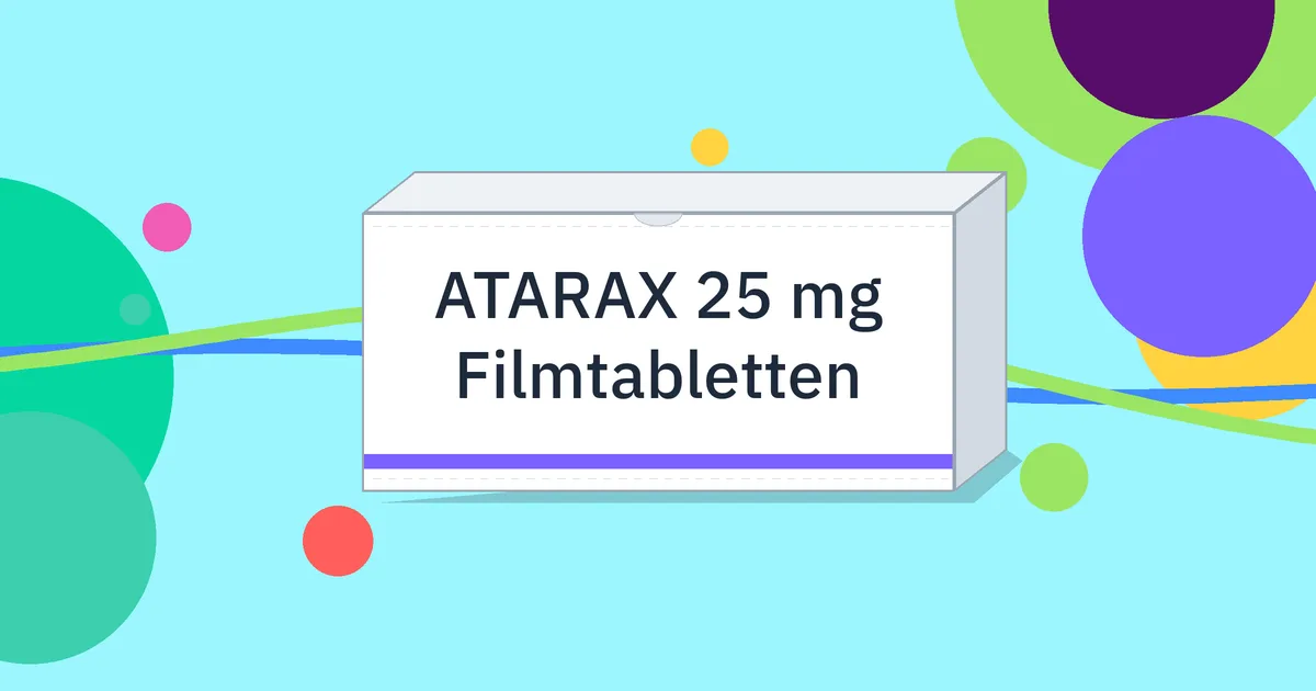 Symbolbild: Packung mit der Aufschrift ATARAX 25 mg Filmtabletten (PZN 03283642) – Verfügbarkeit und Bezug in Apotheken in Frankfurt am Main