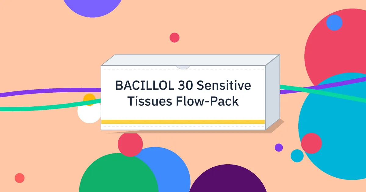 Symbolbild: Packung mit der Aufschrift BACILLOL 30 Sensitive Tissues Flow-Pack (PZN 16401468) – Verfügbarkeit und Bezug in Apotheken in Frankfurt am Main