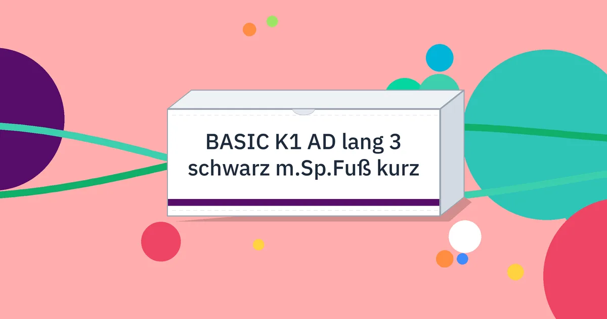 Symbolbild: Packung mit der Aufschrift BASIC K1 AD lang 3 schwarz m.Sp.Fuß kurz (PZN 20257741) – Verfügbarkeit und Bezug in Apotheken in Frankfurt am Main