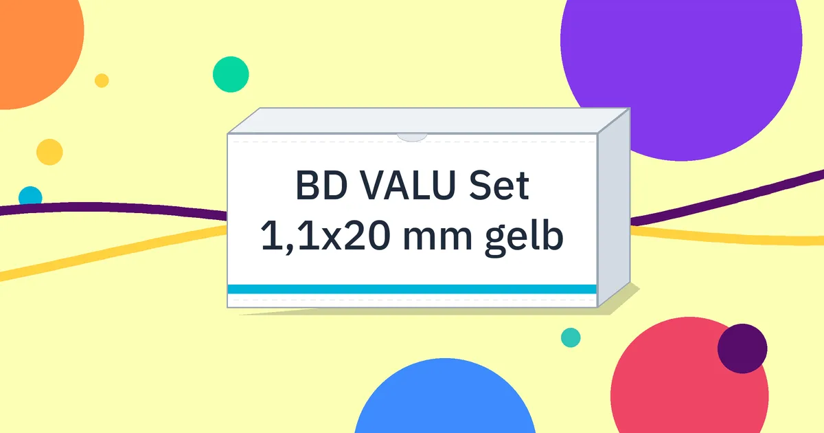 Symbolbild: Packung mit der Aufschrift BD VALU Set 1,1x20 mm gelb (PZN 01111411) – Verfügbarkeit und Bezug in Apotheken in Frankfurt am Main