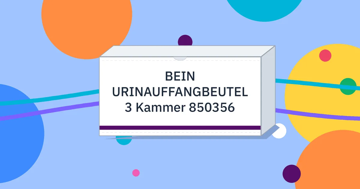 Symbolbild: Packung mit der Aufschrift BEIN URINAUFFANGBEUTEL 3 Kammer 850356 (PZN 07520004) – Verfügbarkeit und Bezug in Apotheken in Frankfurt am Main