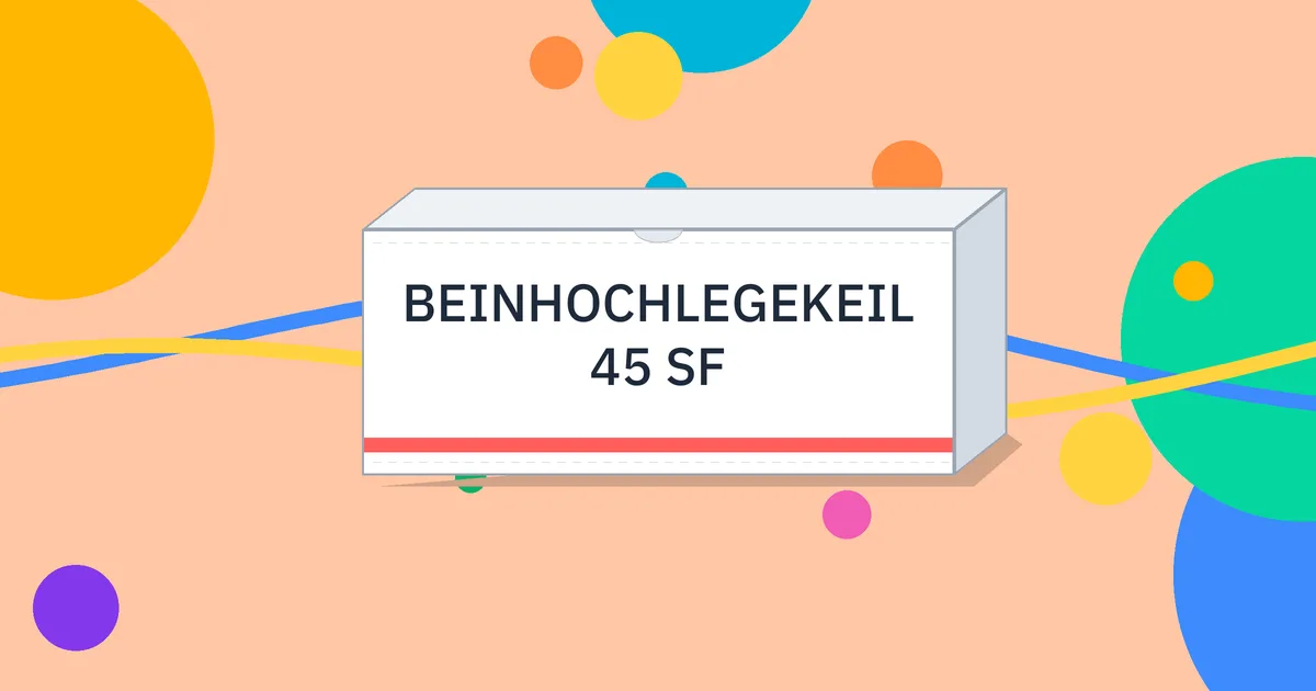 Symbolbild: Packung mit der Aufschrift BEINHOCHLEGEKEIL 45 SF (PZN 03908421) – Verfügbarkeit und Bezug in Apotheken in Frankfurt am Main