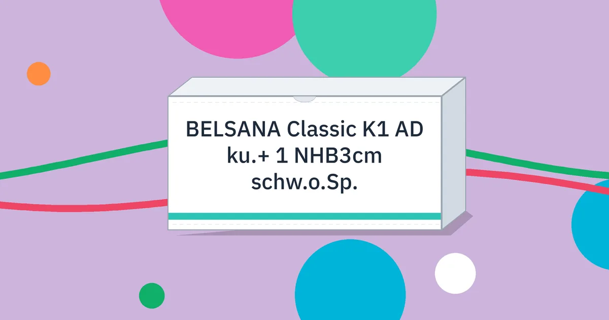 Symbolbild: Packung mit der Aufschrift BELSANA Classic K1 AD ku.+ 1 NHB3cm schw.o.Sp. (PZN 19254163) – Verfügbarkeit und Bezug in Apotheken in Frankfurt am Main