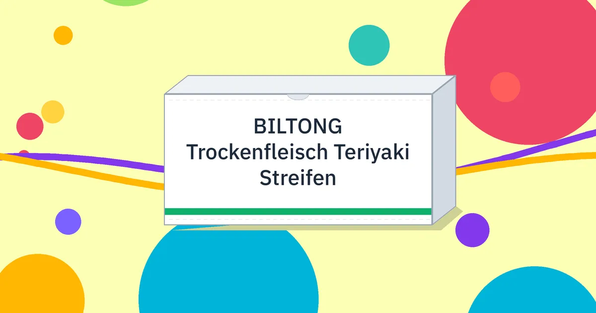Symbolbild: Packung mit der Aufschrift BILTONG Trockenfleisch Teriyaki Streifen (PZN 19662494) – Verfügbarkeit und Bezug in Apotheken in Frankfurt am Main