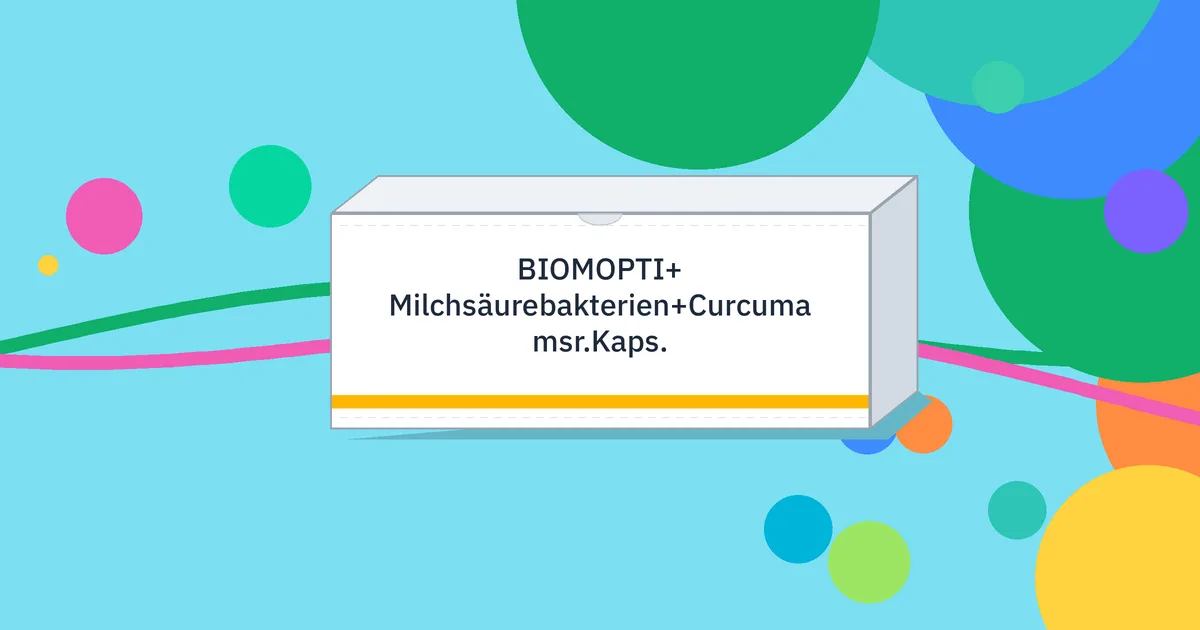 Symbolbild: Packung mit der Aufschrift BIOMOPTI+ Milchsäurebakterien+Curcuma msr.Kaps. (PZN 19140471) – Verfügbarkeit und Bezug in Apotheken in Frankfurt am Main