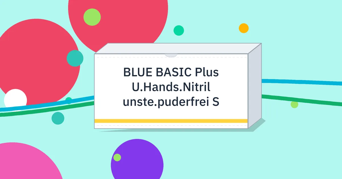 Symbolbild: Packung mit der Aufschrift BLUE BASIC Plus U.Hands.Nitril unste.puderfrei S (PZN 15577685) – Verfügbarkeit und Bezug in Apotheken in Frankfurt am Main