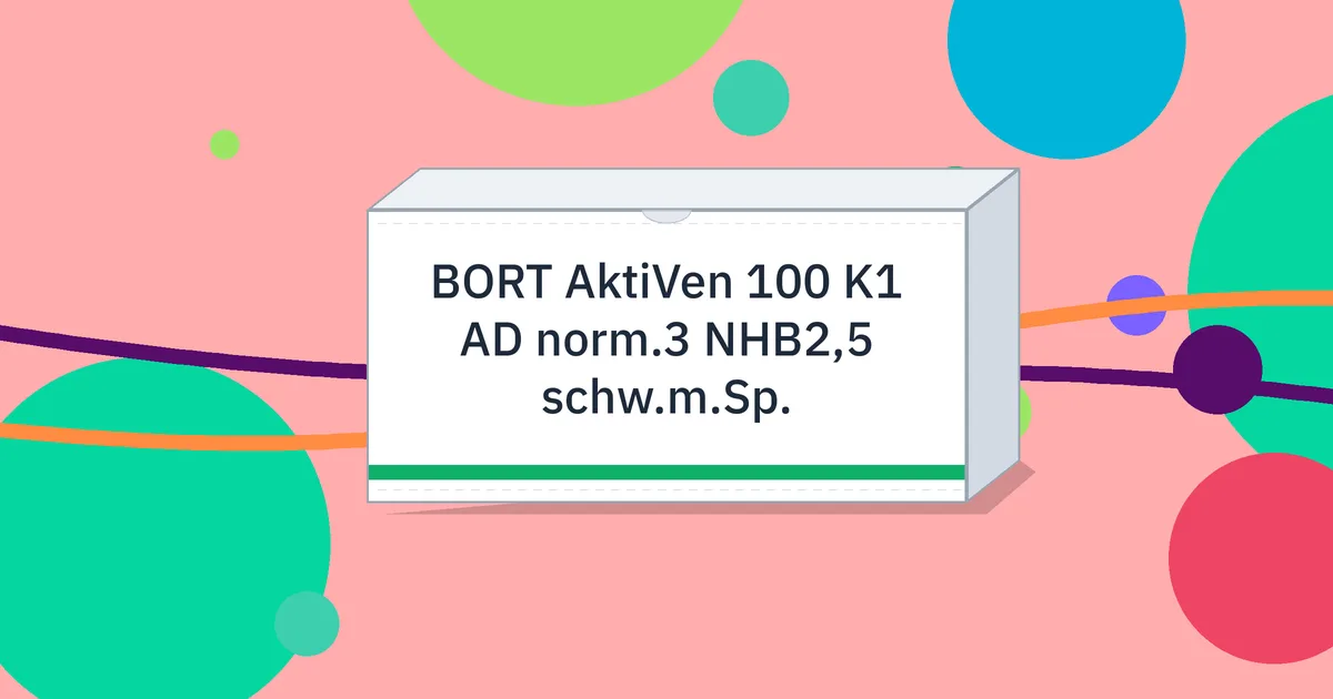 Symbolbild: Packung mit der Aufschrift BORT AktiVen 100 K1 AD norm.3 NHB2,5 schw.m.Sp. (PZN 17502119) – Verfügbarkeit und Bezug in Apotheken in Frankfurt am Main