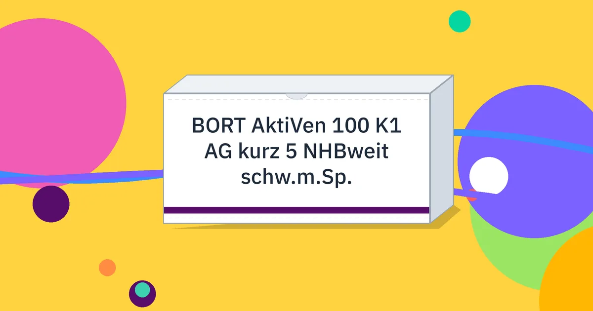 Symbolbild: Packung mit der Aufschrift BORT AktiVen 100 K1 AG kurz 5 NHBweit schw.m.Sp. (PZN 14388522) – Verfügbarkeit und Bezug in Apotheken in Frankfurt am Main
