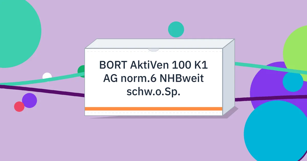 Symbolbild: Packung mit der Aufschrift BORT AktiVen 100 K1 AG norm.6 NHBweit schw.o.Sp. (PZN 14387681) – Verfügbarkeit und Bezug in Apotheken in Frankfurt am Main