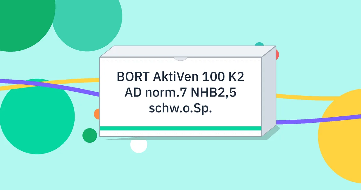 Symbolbild: Packung mit der Aufschrift BORT AktiVen 100 K2 AD norm.7 NHB2,5 schw.o.Sp. (PZN 17501663) – Verfügbarkeit und Bezug in Apotheken in Frankfurt am Main