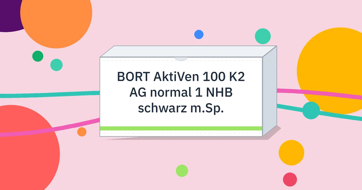 Symbolbild: Packung mit der Aufschrift BORT AktiVen 100 K2 AG normal 1 NHB schwarz m.Sp. (PZN 14387847) – Verfügbarkeit und Bezug in Apotheken in Frankfurt am Main