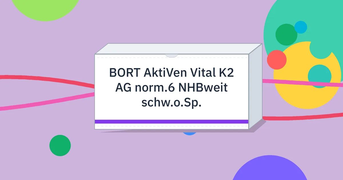 Symbolbild: Packung mit der Aufschrift BORT AktiVen Vital K2 AG norm.6 NHBweit schw.o.Sp. (PZN 12384856) – Verfügbarkeit und Bezug in Apotheken in Frankfurt am Main