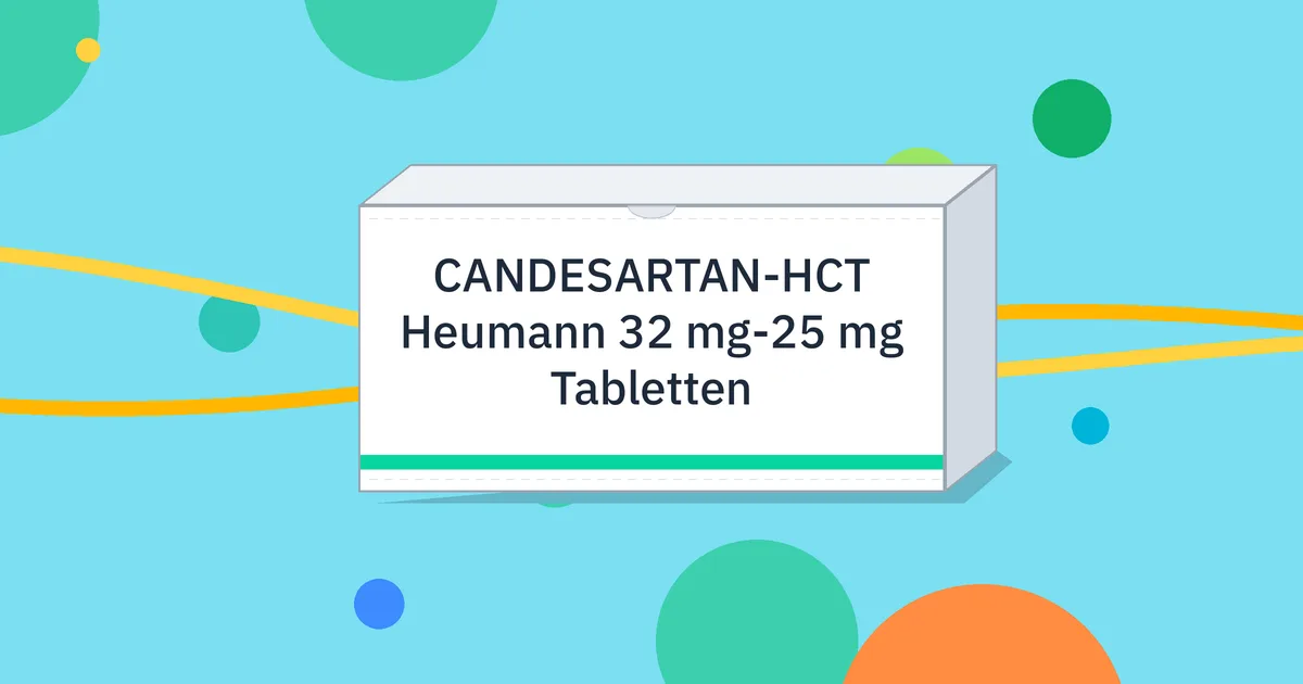 Symbolbild: Packung mit der Aufschrift CANDESARTAN-HCT Heumann 32 mg-25 mg Tabletten (PZN 09424664) – Verfügbarkeit und Bezug in Apotheken in Frankfurt am Main