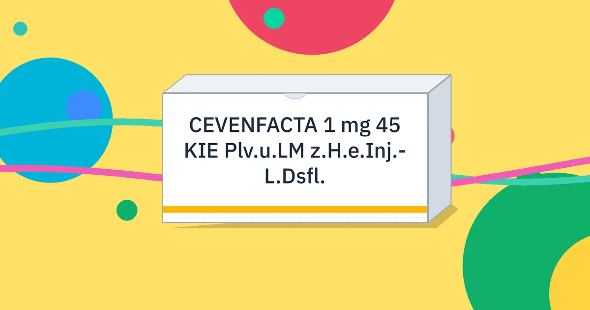 Symbolbild: Packung mit der Aufschrift CEVENFACTA 1 mg 45 KIE Plv.u.LM z.H.e.Inj.-L.Dsfl. (PZN 18030042) – Verfügbarkeit und Bezug in Apotheken in Frankfurt am Main