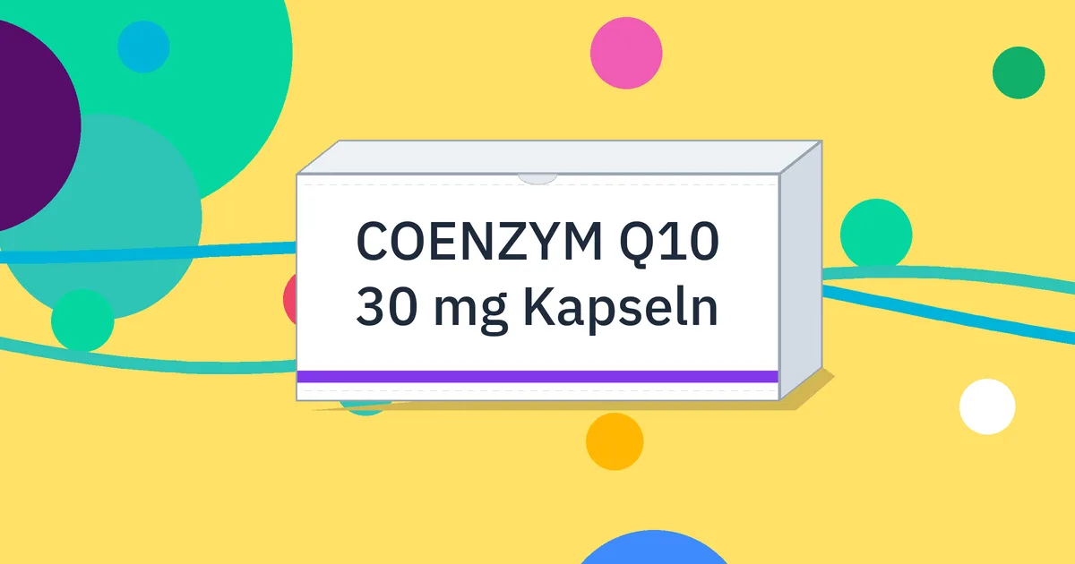 Symbolbild: Packung mit der Aufschrift COENZYM Q10 30 mg Kapseln (PZN 14058227) – Verfügbarkeit und Bezug in Apotheken in Frankfurt am Main