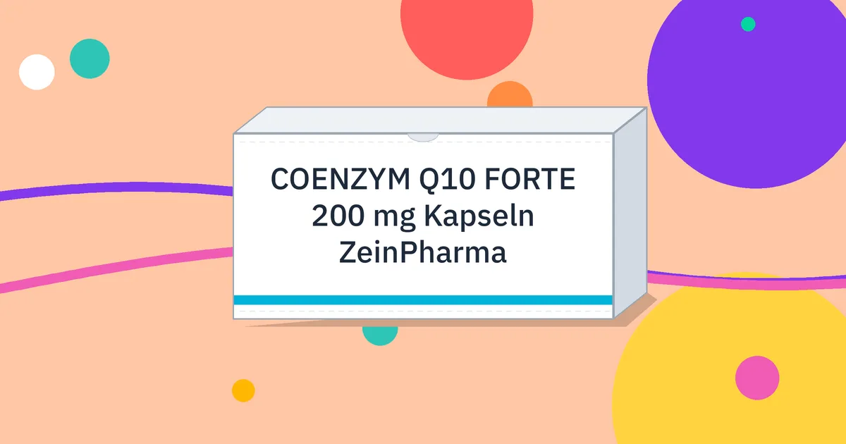 Symbolbild: Packung mit der Aufschrift COENZYM Q10 FORTE 200 mg Kapseln ZeinPharma (PZN 18715107) – Verfügbarkeit und Bezug in Apotheken in Frankfurt am Main