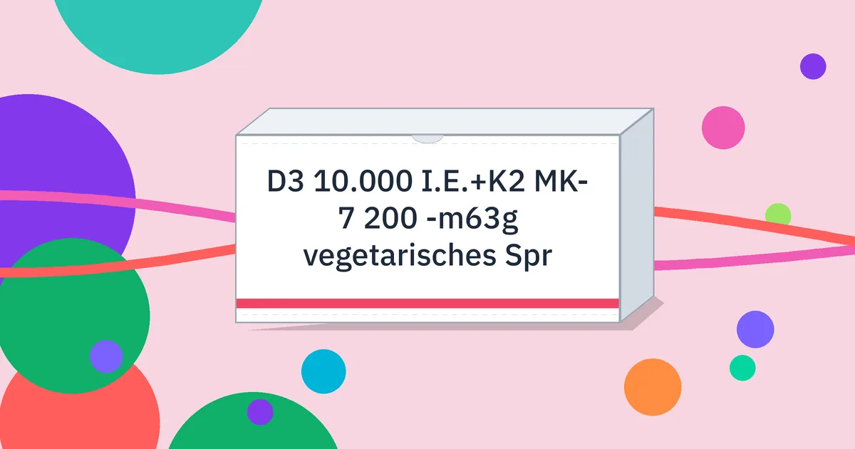 Symbolbild: Packung mit der Aufschrift D3 10.000 I.E.+K2 MK-7 200 -m63g vegetarisches Spr (PZN 18117553) – Verfügbarkeit und Bezug in Apotheken in Frankfurt am Main