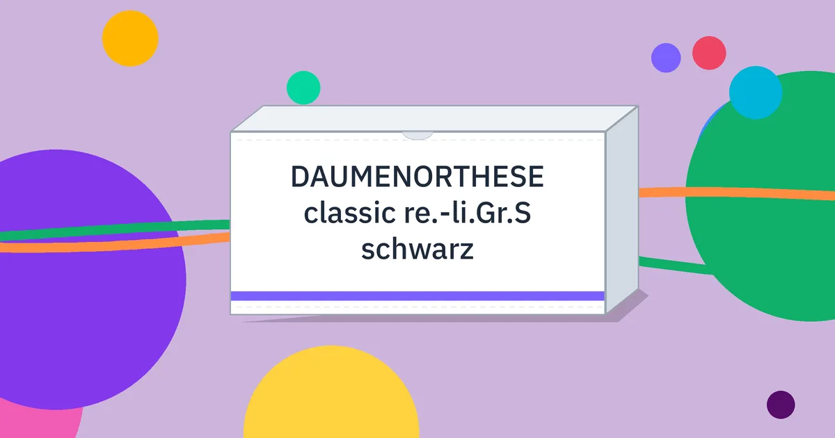 Symbolbild: Packung mit der Aufschrift DAUMENORTHESE classic re.-li.Gr.S schwarz (PZN 13827190) – Verfügbarkeit und Bezug in Apotheken in Frankfurt am Main
