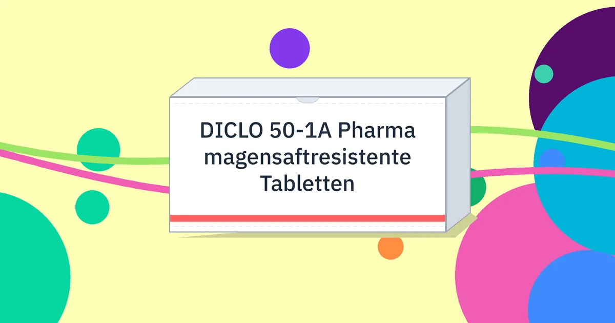 Symbolbild: Packung mit der Aufschrift DICLO 50-1A Pharma magensaftresistente Tabletten (PZN 08533664) – Verfügbarkeit und Bezug in Apotheken in Frankfurt am Main