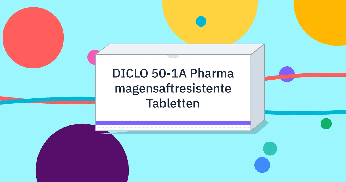 Symbolbild: Packung mit der Aufschrift DICLO 50-1A Pharma magensaftresistente Tabletten (PZN 08533658) – Verfügbarkeit und Bezug in Apotheken in Frankfurt am Main