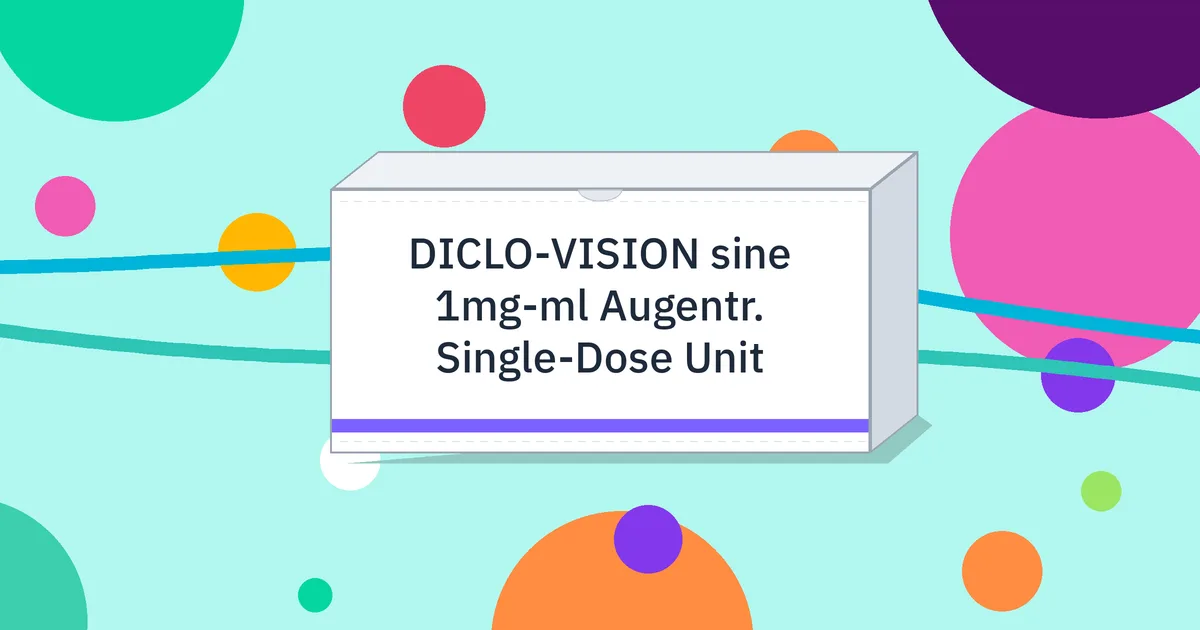 Symbolbild: Packung mit der Aufschrift DICLO-VISION sine 1mg-ml Augentr. Single-Dose Unit (PZN 09777380) – Verfügbarkeit und Bezug in Apotheken in Frankfurt am Main