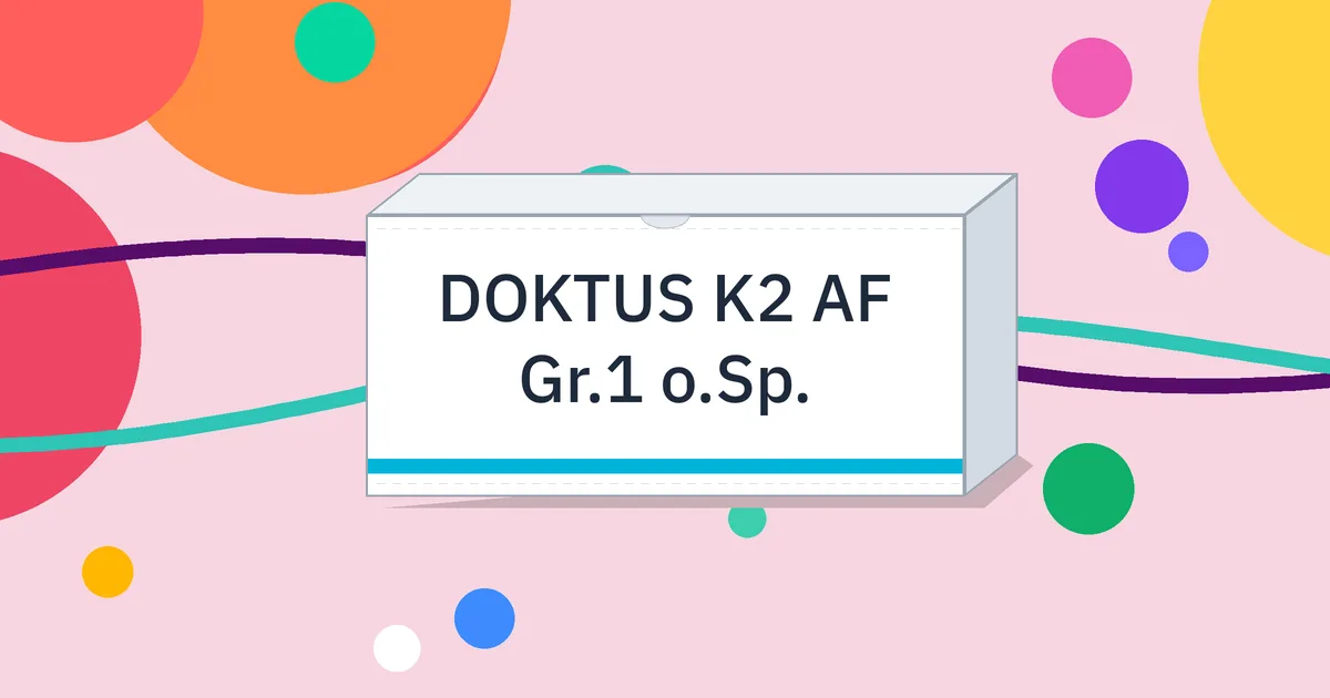 Symbolbild: Packung mit der Aufschrift DOKTUS K2 AF Gr.1 o.Sp. (PZN 03309235) – Verfügbarkeit und Bezug in Apotheken in Frankfurt am Main
