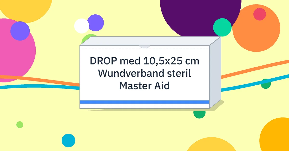 Symbolbild: Packung mit der Aufschrift DROP med 10,5x25 cm Wundverband steril Master Aid (PZN 20111894) – Verfügbarkeit und Bezug in Apotheken in Frankfurt am Main