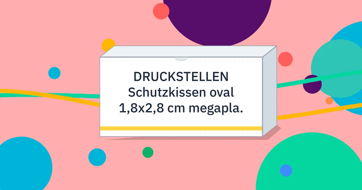 Symbolbild: Packung mit der Aufschrift DRUCKSTELLEN Schutzkissen oval 1,8x2,8 cm megapla. (PZN 16501336) – Verfügbarkeit und Bezug in Apotheken in Frankfurt am Main