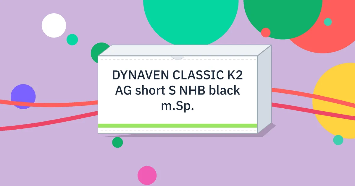 Symbolbild: Packung mit der Aufschrift DYNAVEN CLASSIC K2 AG short S NHB black m.Sp. (PZN 18418533) – Verfügbarkeit und Bezug in Apotheken in Frankfurt am Main
