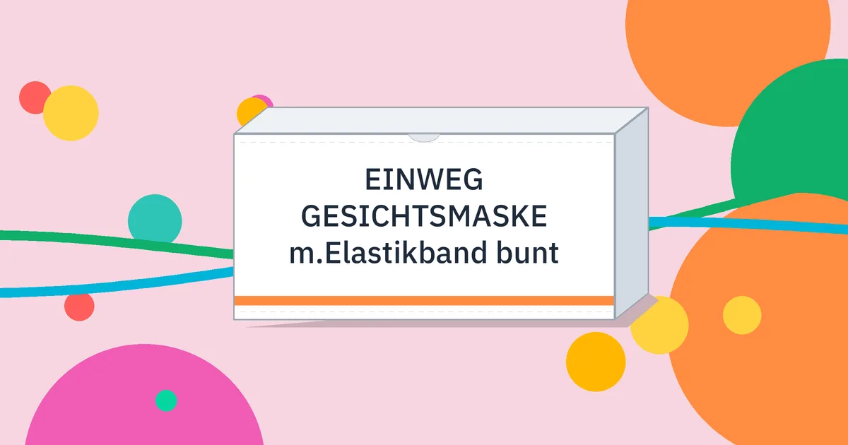 Symbolbild: Packung mit der Aufschrift EINWEG GESICHTSMASKE m.Elastikband bunt (PZN 17174313) – Verfügbarkeit und Bezug in Apotheken in Frankfurt am Main