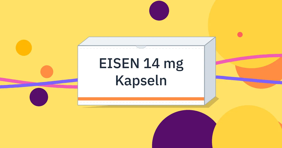 Symbolbild: Packung mit der Aufschrift EISEN 14 mg Kapseln (PZN 10144680) – Verfügbarkeit und Bezug in Apotheken in Frankfurt am Main