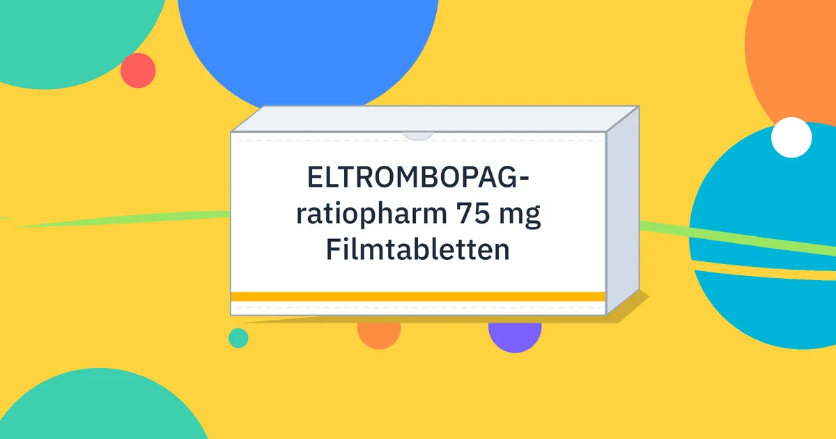 Symbolbild: Packung mit der Aufschrift ELTROMBOPAG-ratiopharm 75 mg Filmtabletten (PZN 19808006) – Verfügbarkeit und Bezug in Apotheken in Frankfurt am Main