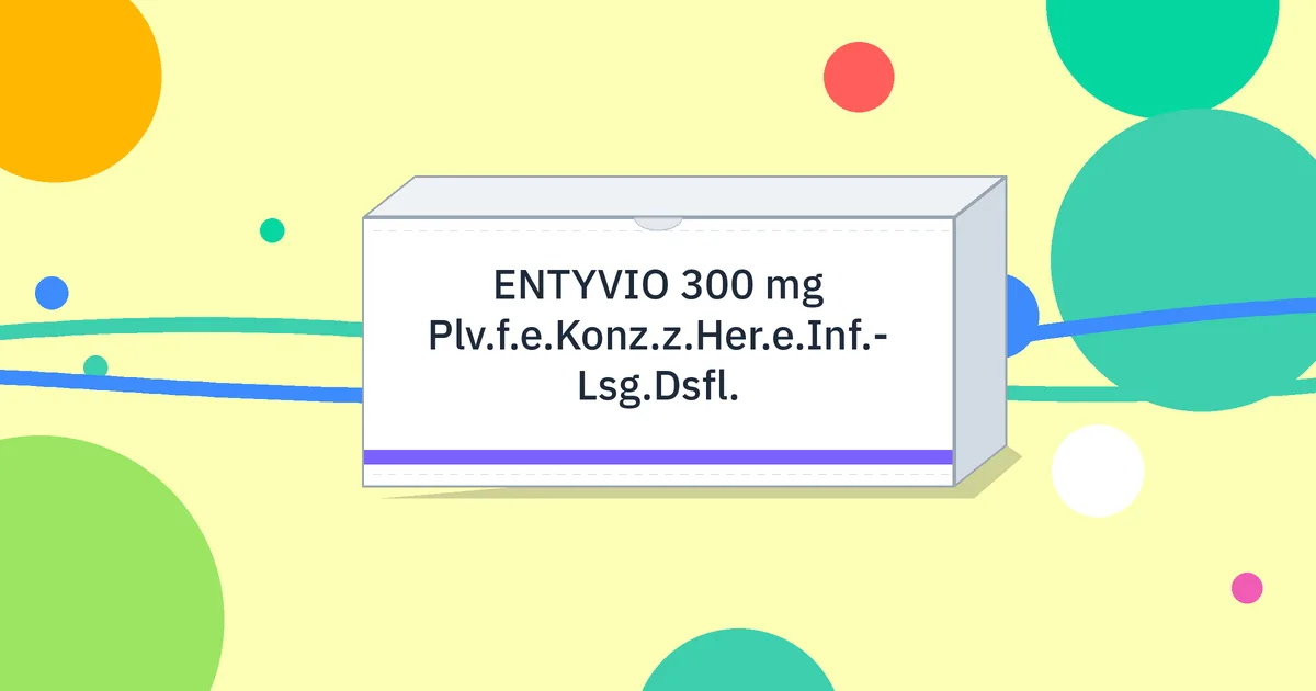 Symbolbild: Packung mit der Aufschrift ENTYVIO 300 mg Plv.f.e.Konz.z.Her.e.Inf.-Lsg.Dsfl. (PZN 11101112) – Verfügbarkeit und Bezug in Apotheken in Frankfurt am Main