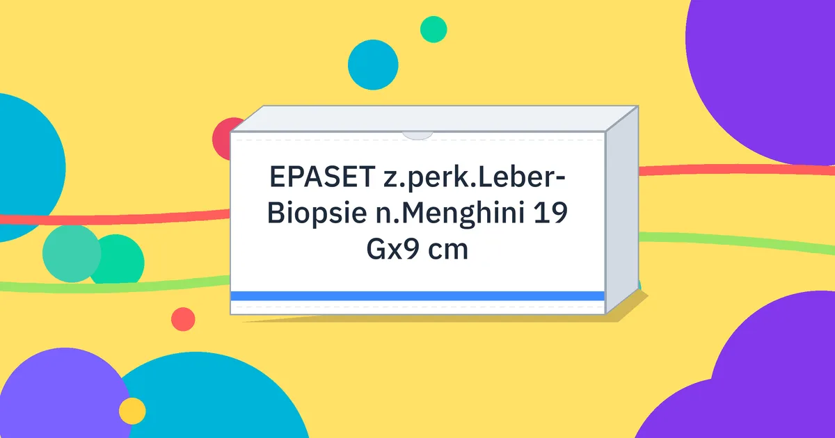 Symbolbild: Packung mit der Aufschrift EPASET z.perk.Leber-Biopsie n.Menghini 19 Gx9 cm (PZN 16362165) – Verfügbarkeit und Bezug in Apotheken in Frankfurt am Main