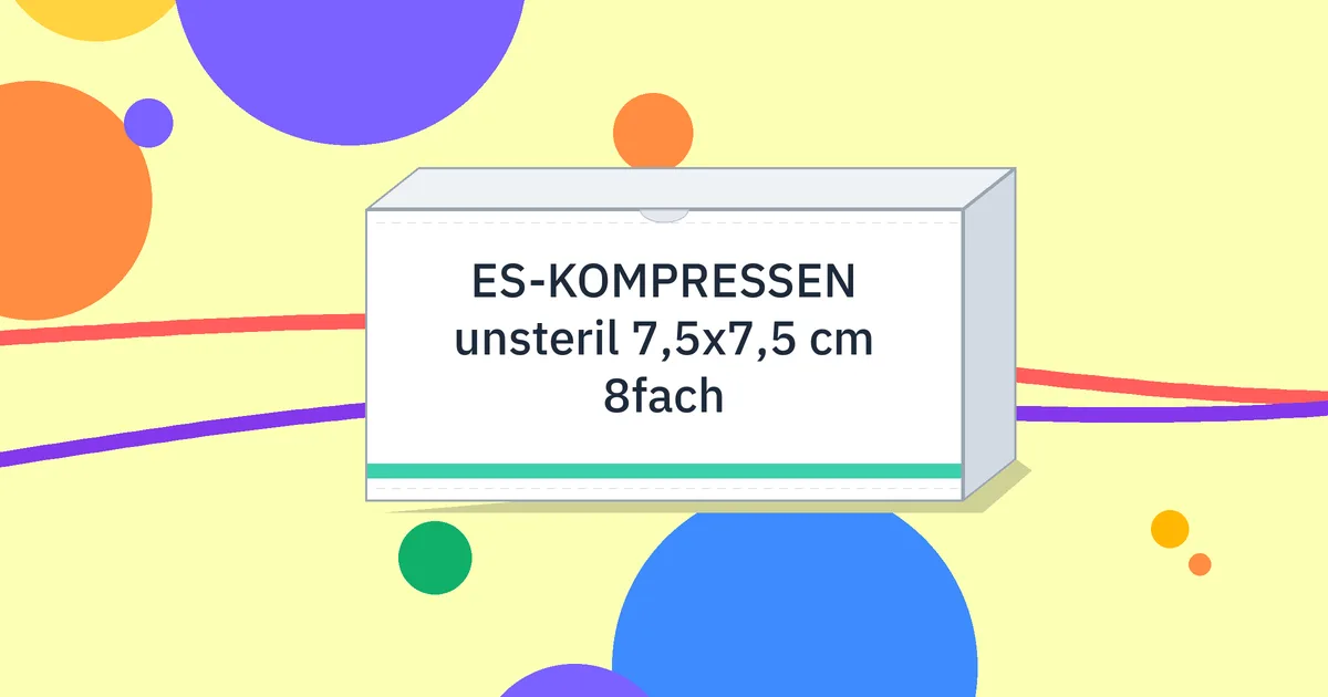 Symbolbild: Packung mit der Aufschrift ES-KOMPRESSEN unsteril 7,5x7,5 cm 8fach (PZN 19700415) – Verfügbarkeit und Bezug in Apotheken in Frankfurt am Main