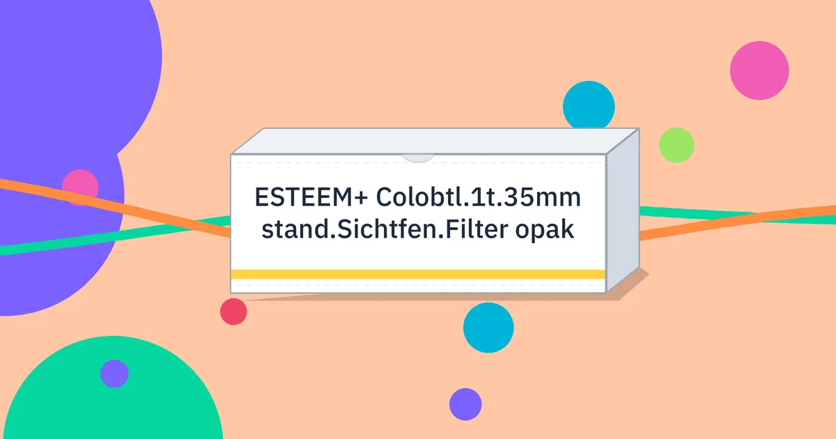 Symbolbild: Packung mit der Aufschrift ESTEEM+ Colobtl.1t.35mm stand.Sichtfen.Filter opak (PZN 13233071) – Verfügbarkeit und Bezug in Apotheken in Frankfurt am Main