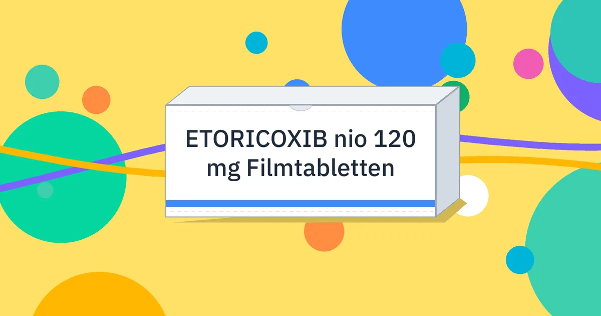 Symbolbild: Packung mit der Aufschrift ETORICOXIB nio 120 mg Filmtabletten (PZN 20348225) – Verfügbarkeit und Bezug in Apotheken in Frankfurt am Main