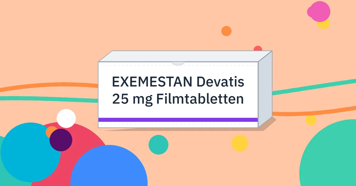 Symbolbild: Packung mit der Aufschrift EXEMESTAN Devatis 25 mg Filmtabletten (PZN 11557208) – Verfügbarkeit und Bezug in Apotheken in Frankfurt am Main