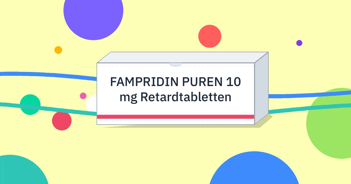 Symbolbild: Packung mit der Aufschrift FAMPRIDIN PUREN 10 mg Retardtabletten (PZN 18760906) – Verfügbarkeit und Bezug in Apotheken in Frankfurt am Main