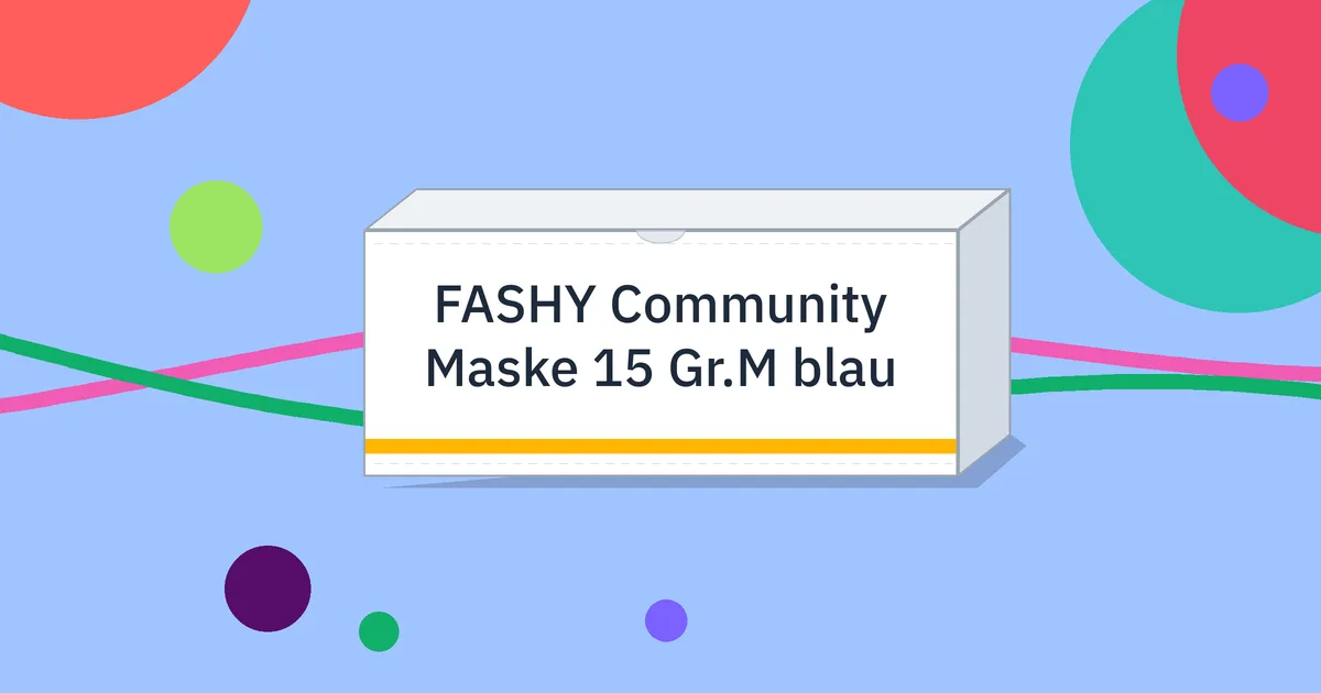 Symbolbild: Packung mit der Aufschrift FASHY Community Maske 15 Gr.M blau (PZN 16945398) – Verfügbarkeit und Bezug in Apotheken in Frankfurt am Main