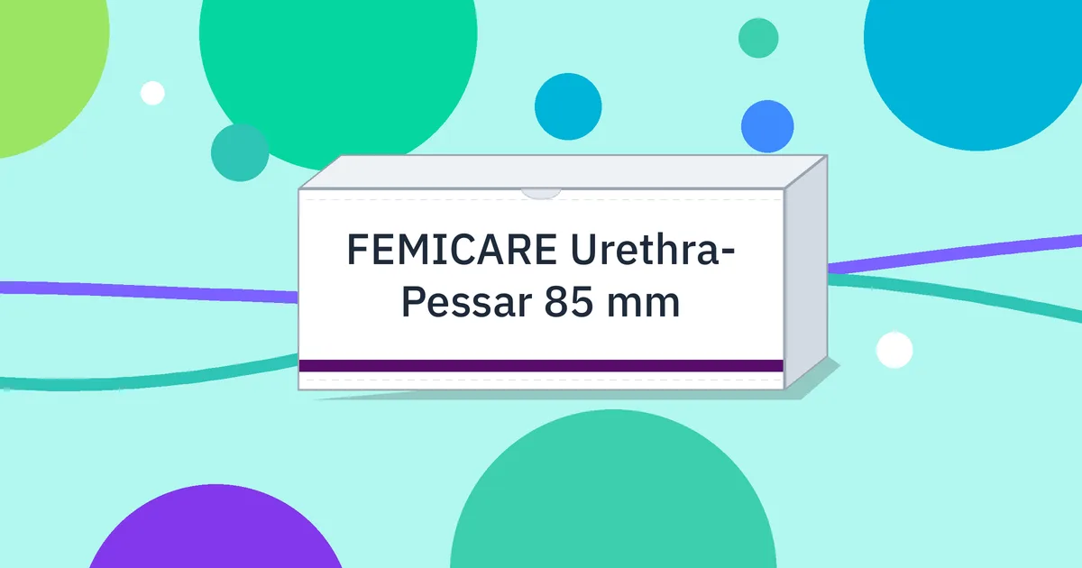 Symbolbild: Packung mit der Aufschrift FEMICARE Urethra-Pessar 85 mm (PZN 19336582) – Verfügbarkeit und Bezug in Apotheken in Frankfurt am Main