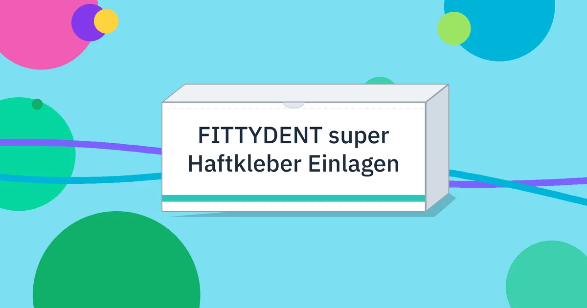 Symbolbild: Packung mit der Aufschrift FITTYDENT super Haftkleber Einlagen (PZN 06077647) – Verfügbarkeit und Bezug in Apotheken in Frankfurt am Main