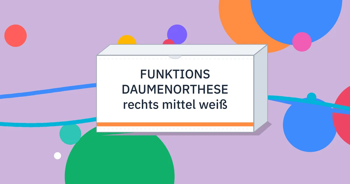 Symbolbild: Packung mit der Aufschrift FUNKTIONS DAUMENORTHESE rechts mittel weiß (PZN 11097511) – Verfügbarkeit und Bezug in Apotheken in Frankfurt am Main